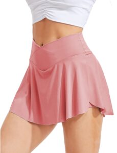 riojoy tennis skirts for women with pockets inner shorts cross high waisted golf athletic running workout sports outfits(a# v-waist pink,m)