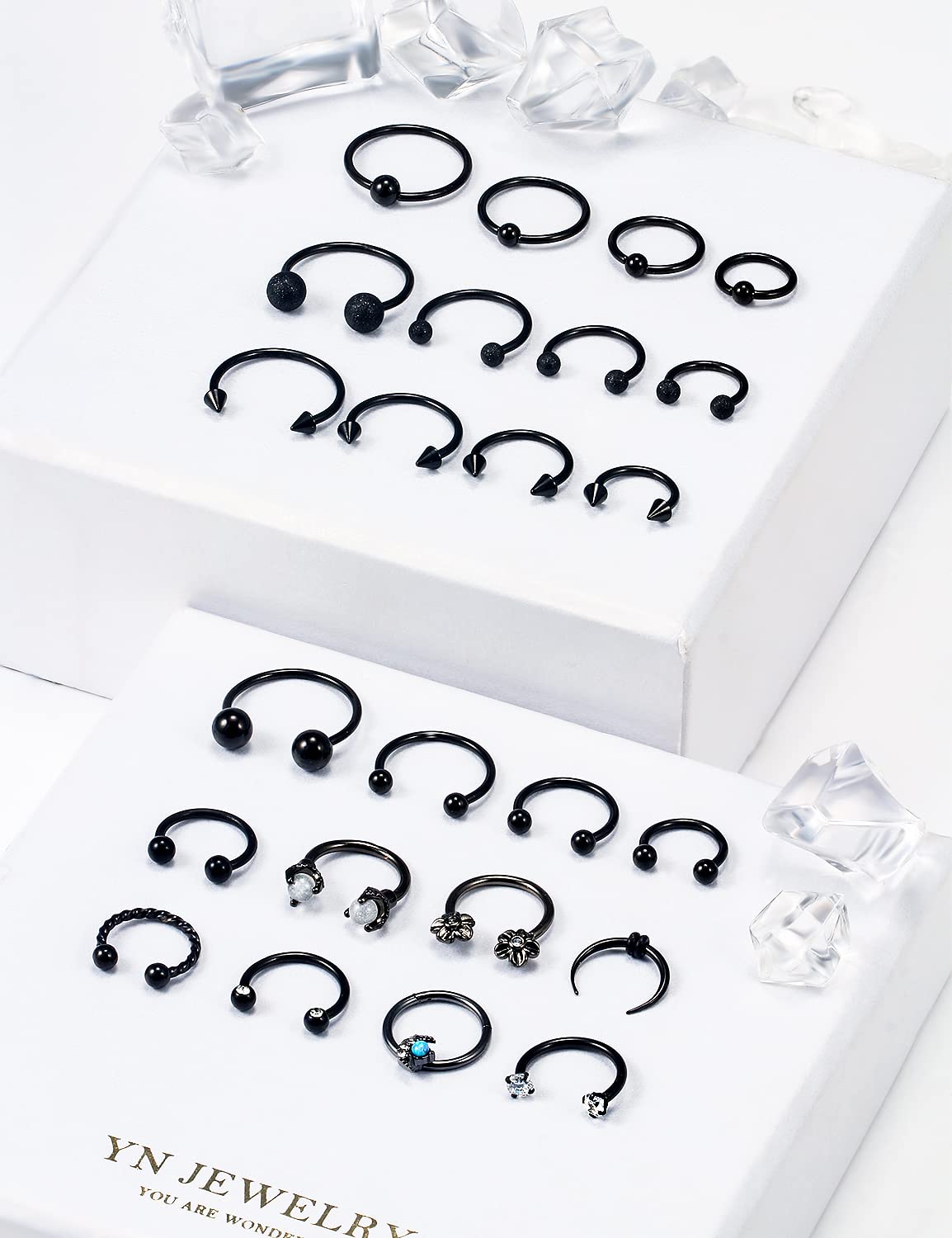 Yaalozei 16G Septum Rings Jewelry Stainless Surgical Steel Opal Flower Black Moon Septum Nose Lip Ring Hoop Earring Clicker Horseshoe Barbell Smiley Piercing Jewelry for Men Women 8mm 10mm 12mm 14mm