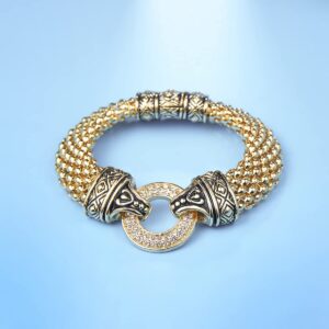 UNY Popcorn Chain Center Circle Pave Stone Unique Bracelet Magnetic Claps Designer Inspired Jewelry (Gold)