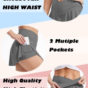 RIOJOY Tennis Skirts for Women with Pockets Inner Shorts Cross High Waisted Golf Athletic Running Workout Sports Outfits(A# V-Waist Grey,S)