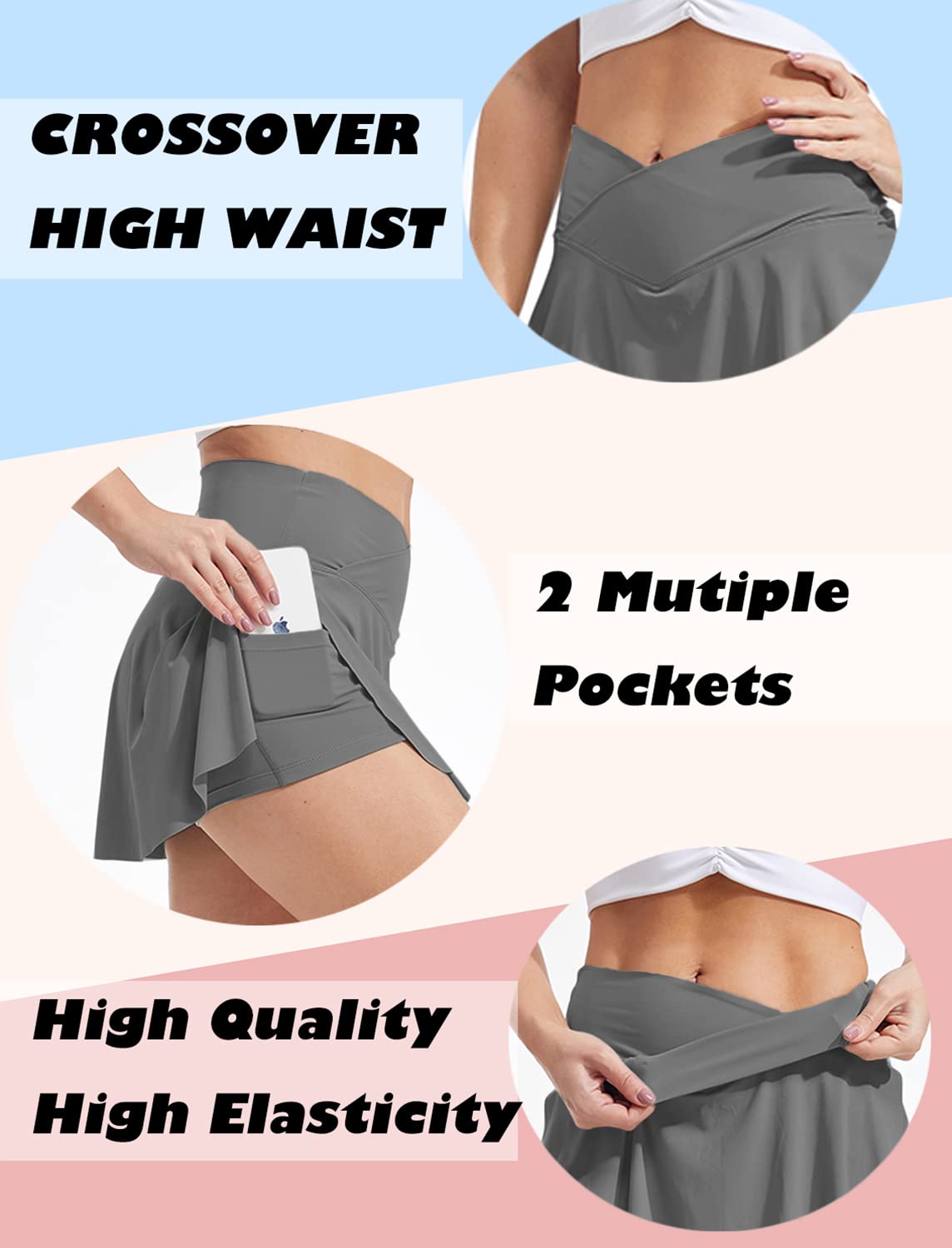 RIOJOY Tennis Skirts for Women with Pockets Inner Shorts Cross High Waisted Golf Athletic Running Workout Sports Outfits(A# V-Waist Grey,S)