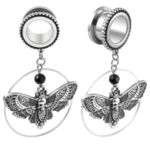 doearko 2pcs butterfly pendant hypoallergenic stainless steel dangle ear plugs tunnels gauges stretcher pair selling 2g 0g piercing body jewelry (6mm(2g), silver)