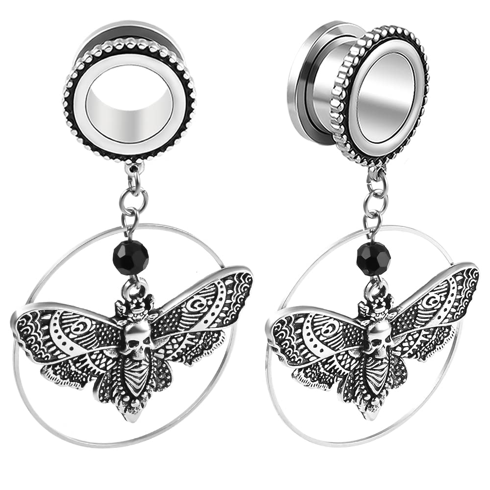 DOEARKO 2PCS Butterfly Pendant Hypoallergenic Stainless Steel Dangle Ear Plugs Tunnels Gauges Stretcher Pair Selling 2g 0g Piercing Body Jewelry (6mm(2G), Silver)