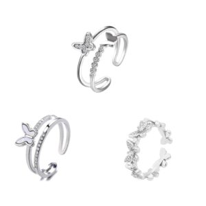 mifynn 3pcs cute butterfly rings for women, dainty crystal butterfly rings set adjustable crystal butterfly knuckle ring double butterfly ring (silver)