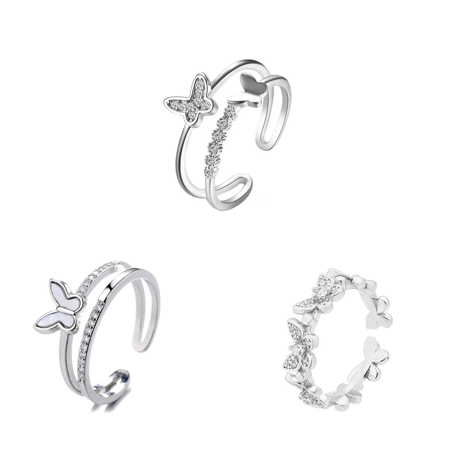 MIFYNN 3Pcs Cute Butterfly Rings For Women, Dainty Crystal Butterfly Rings Set Adjustable Crystal Butterfly Knuckle Ring Double Butterfly Ring (Silver)