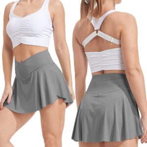 RIOJOY Tennis Skirts for Women with Pockets Inner Shorts Cross High Waisted Golf Athletic Running Workout Sports Outfits(A# V-Waist Grey,S)