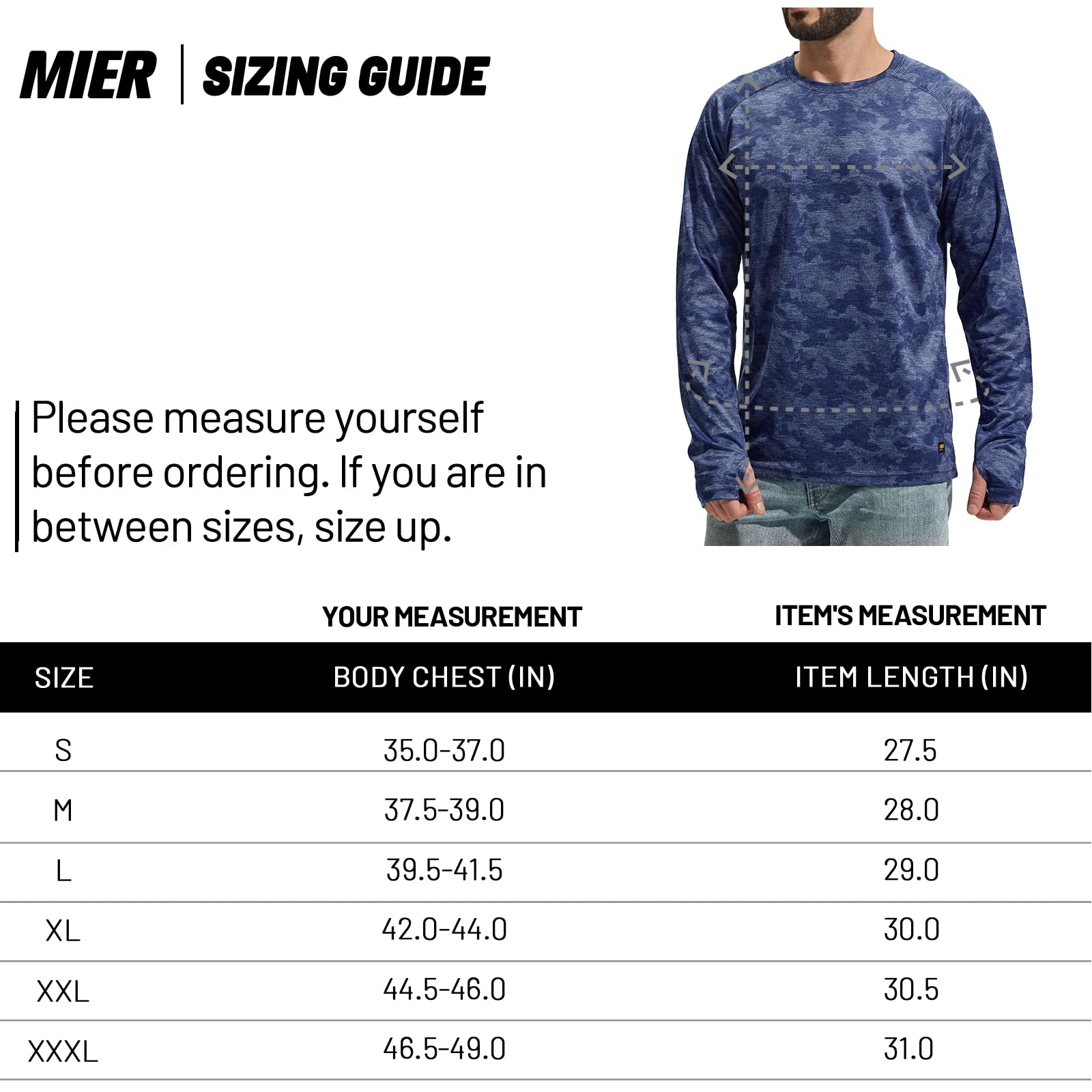 MIER Men's Long Sleeve Camouflage Shirts UV Protection Fishing Hiking Camo T-Shirts with Thumbholes Dry Fit, Ocean Blue, M