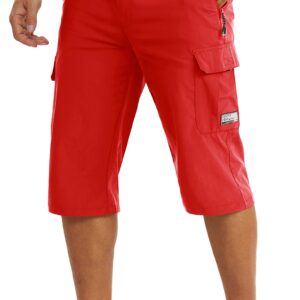 TACVASEN Mens Capris Shorts Men's Below Knee Shorts Red Cargo Shorts Tactical Workout Shorts Casual Hiking Shorts Zipper Pocket Shorts Men