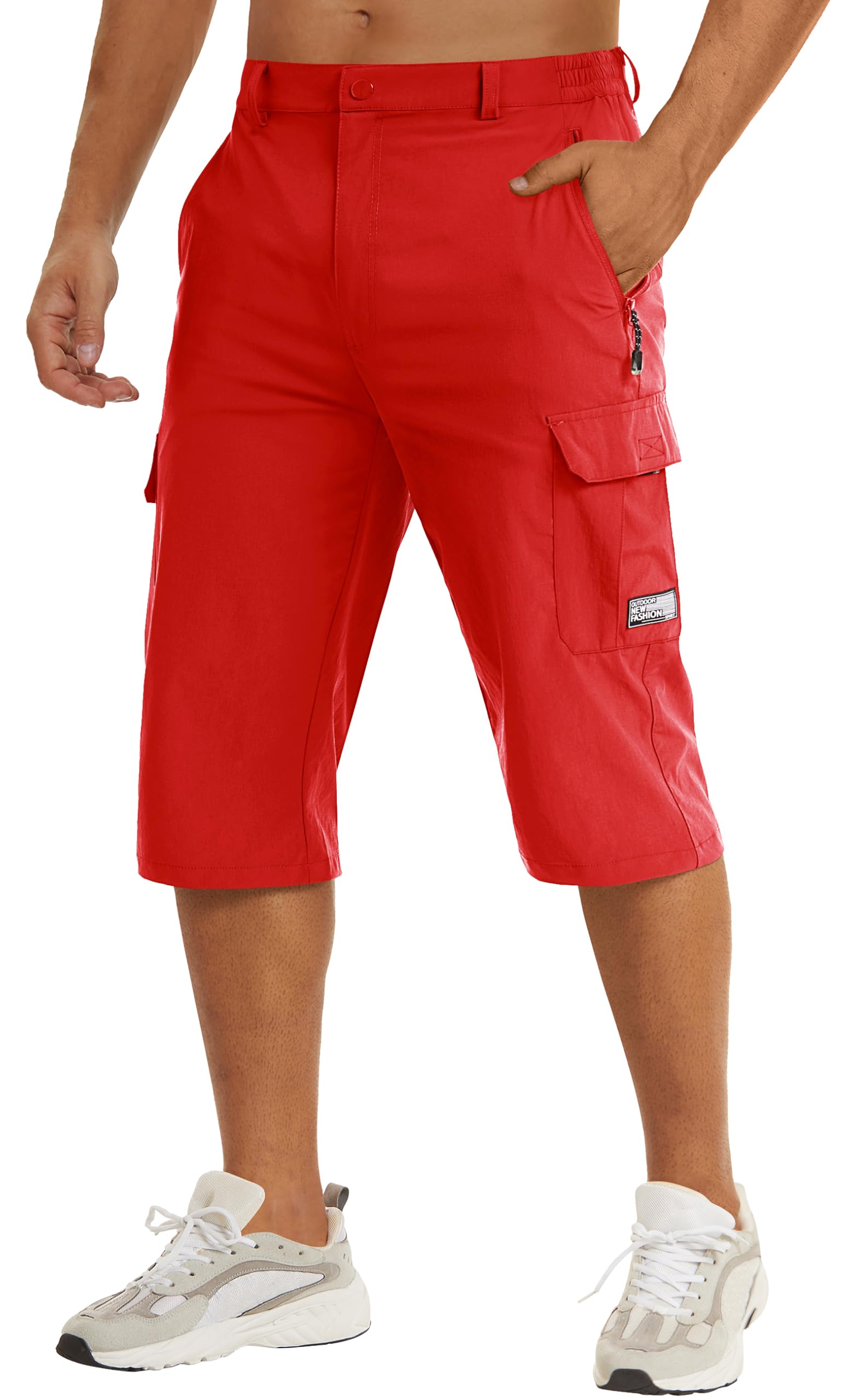 TACVASEN Mens Capris Shorts Men's Below Knee Shorts Red Cargo Shorts Tactical Workout Shorts Casual Hiking Shorts Zipper Pocket Shorts Men