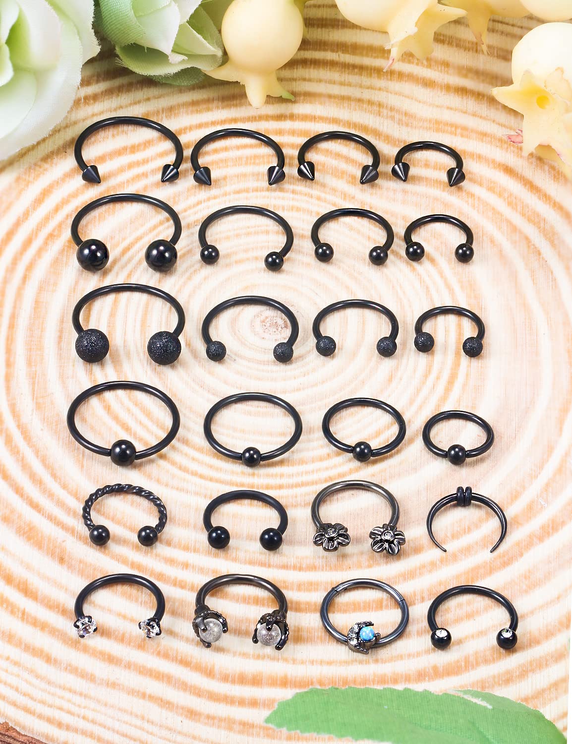 Yaalozei 16G Septum Rings Jewelry Stainless Surgical Steel Opal Flower Black Moon Septum Nose Lip Ring Hoop Earring Clicker Horseshoe Barbell Smiley Piercing Jewelry for Men Women 8mm 10mm 12mm 14mm