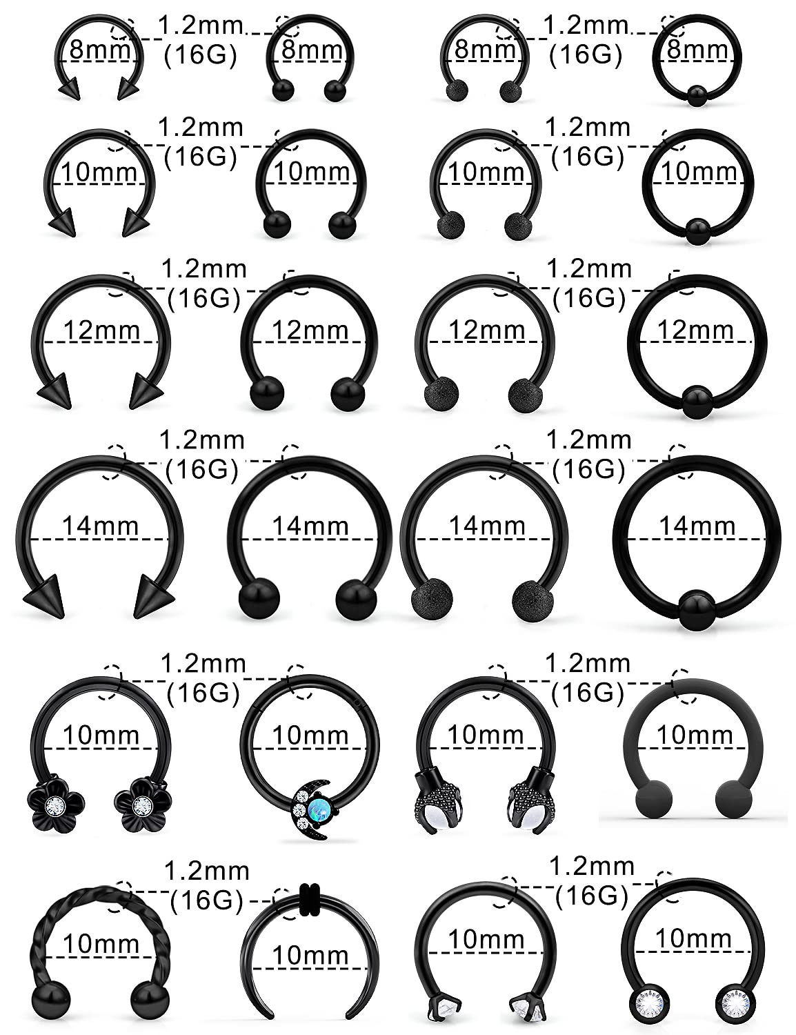 Yaalozei 16G Septum Rings Jewelry Stainless Surgical Steel Opal Flower Black Moon Septum Nose Lip Ring Hoop Earring Clicker Horseshoe Barbell Smiley Piercing Jewelry for Men Women 8mm 10mm 12mm 14mm