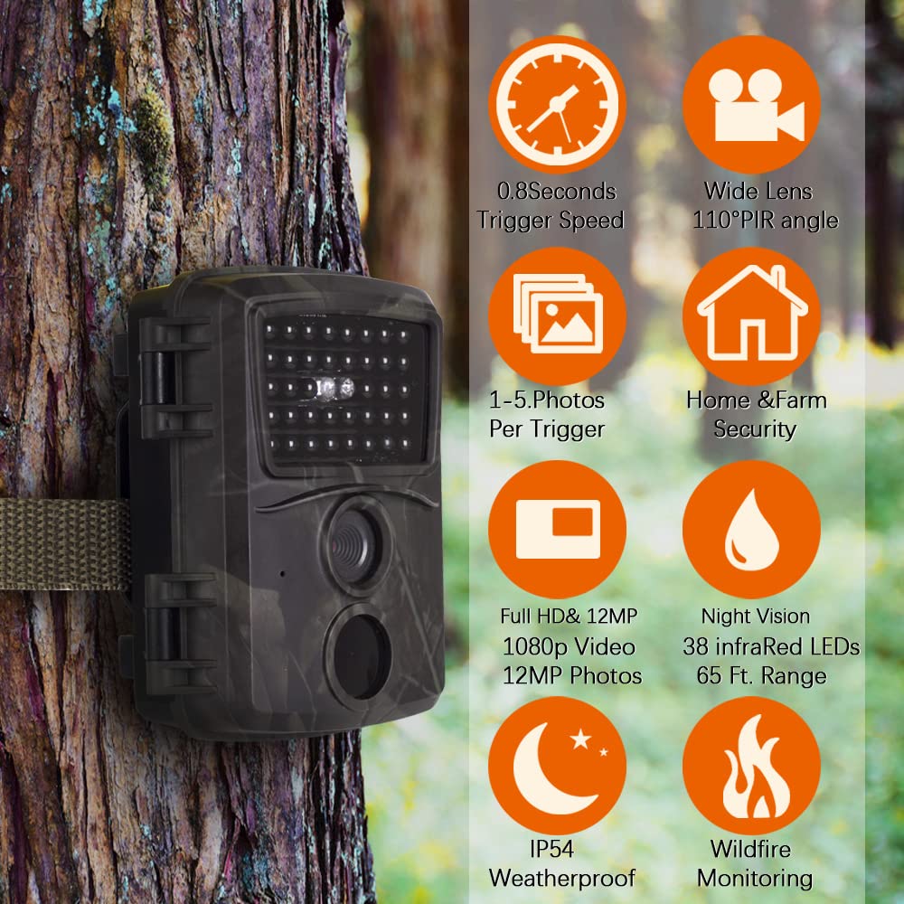 Ramnnycetus 1080P 12MP Trail Camera, 0.8s Trigger Motion Latest Sensor View Hunting Camera with 38 IR LEDs and IP54 Waterproof Trail Game Camera for Scounting&Hunting Animal Detection