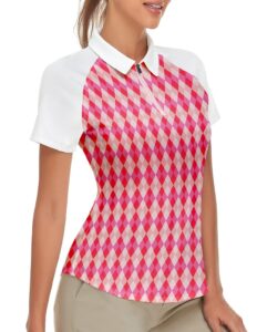 women's plaid golf polo shirts short sleeve moisture wicking golf apparel lady argyle golf tops (pink argyle, large)