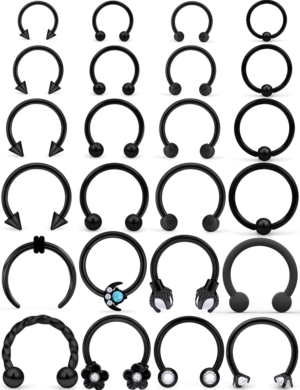 Yaalozei 16G Septum Rings Jewelry Stainless Surgical Steel Opal Flower Black Moon Septum Nose Lip Ring Hoop Earring Clicker Horseshoe Barbell Smiley Piercing Jewelry for Men Women 8mm 10mm 12mm 14mm