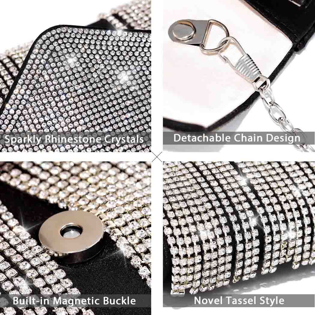 Yokawe Crystals Clutch Purses for Women Bling Tassel Rhinestone Evening Bag Crossbody Bags Wedding Prom Club Party Handbags