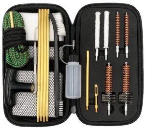 apchywell rifle pistol gun cleaning kit for 22lr .22 cal with gun snakes, bore chamber brushes, 32inch brass cleaning rod, cotton mop, in compact zippered case