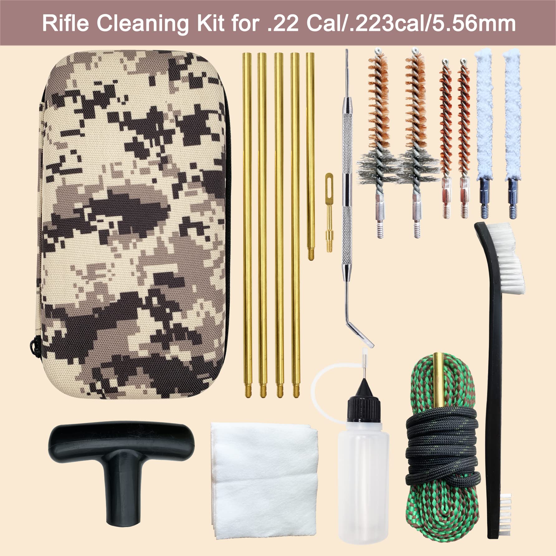 APCHYWELL Rifle Pistol Gun Cleaning Kit for 22LR .22 Cal with Gun Snakes, Bore Chamber Brushes, 32inch Brass Cleaning Rod, Cotton mop, in Compact Zippered Case