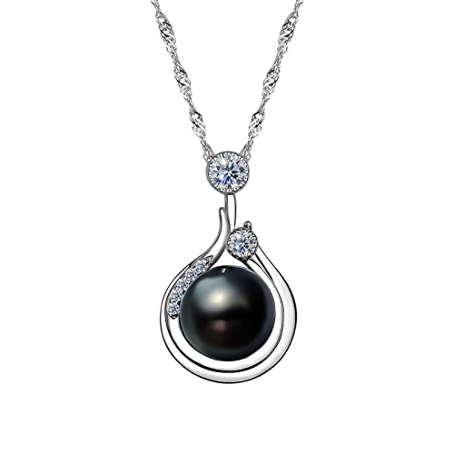 QuakerBrid South Sea Tahitian Cultured Genuine Black Pearl Necklace VVS D color Moissanite and AAAA Quality 10mm Round Black Pearl Pendant Necklace 18K Gold Plated Sterling Silver Gift for Women Wife