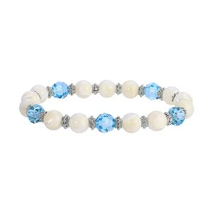 1928 jewelry aquamarine blue crystal mother of pearl stretch bracelet