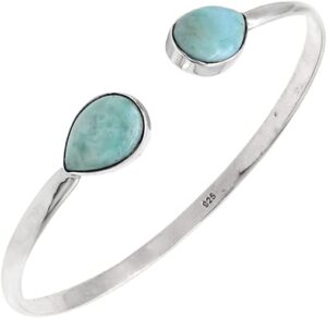 tejika international larimar bangle, 925 silver handmade, cuff bangle, blue double stone bracelet women jewelry, by tejika