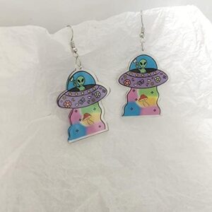 Acrylic Alien Earrings UFO Dangle Earrings for Women Cute Funny Novelty Earrings Jewelry (Colored alien-A)