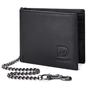 bill heart chain wallets for men, rfid blocking genuine leather bifold wallet with sturdy chain