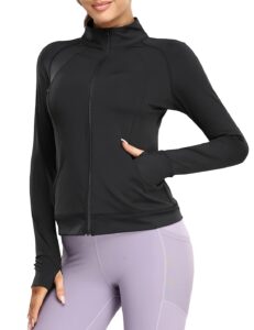 locachy women's slim fit stretchy athletic workout lightweight full zip sports jacket with pockets black s