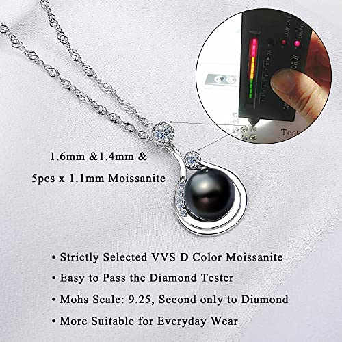 QuakerBrid South Sea Tahitian Cultured Genuine Black Pearl Necklace VVS D color Moissanite and AAAA Quality 10mm Round Black Pearl Pendant Necklace 18K Gold Plated Sterling Silver Gift for Women Wife