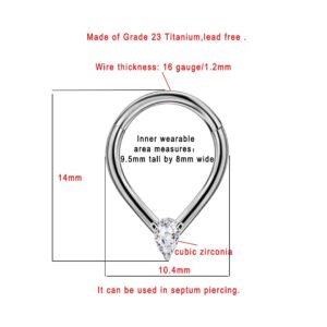 FANSING Titanium Septum Rings for Women 16 Gauge Septum Clicker Clear Cubic Zirconia Septum Piercing Rings 16g Septum Jewelry 8mm Teardrop Septum Ring Hoop