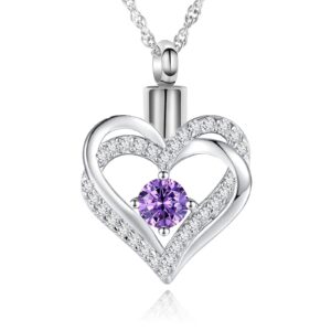 shajwo cremation jewelry heart urn necklace for ashes for women gilrs memorial keepsake birthstone pendant,silver-purple