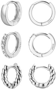 jassewrly 3 pairs 925 sterling silver small huggie hoop earrings for women, hypoallergenic cubic zirconia hoops huggie earrings, twisted silver mini hoop earrings cuff earring for girls