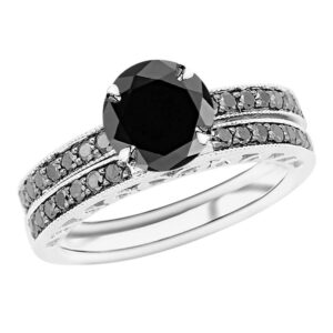 1.02 carat t.w 14k white gold pave set black diamond engagement ring and wedding band set w/a 0.75 carat round cut black diamond heirloom quality