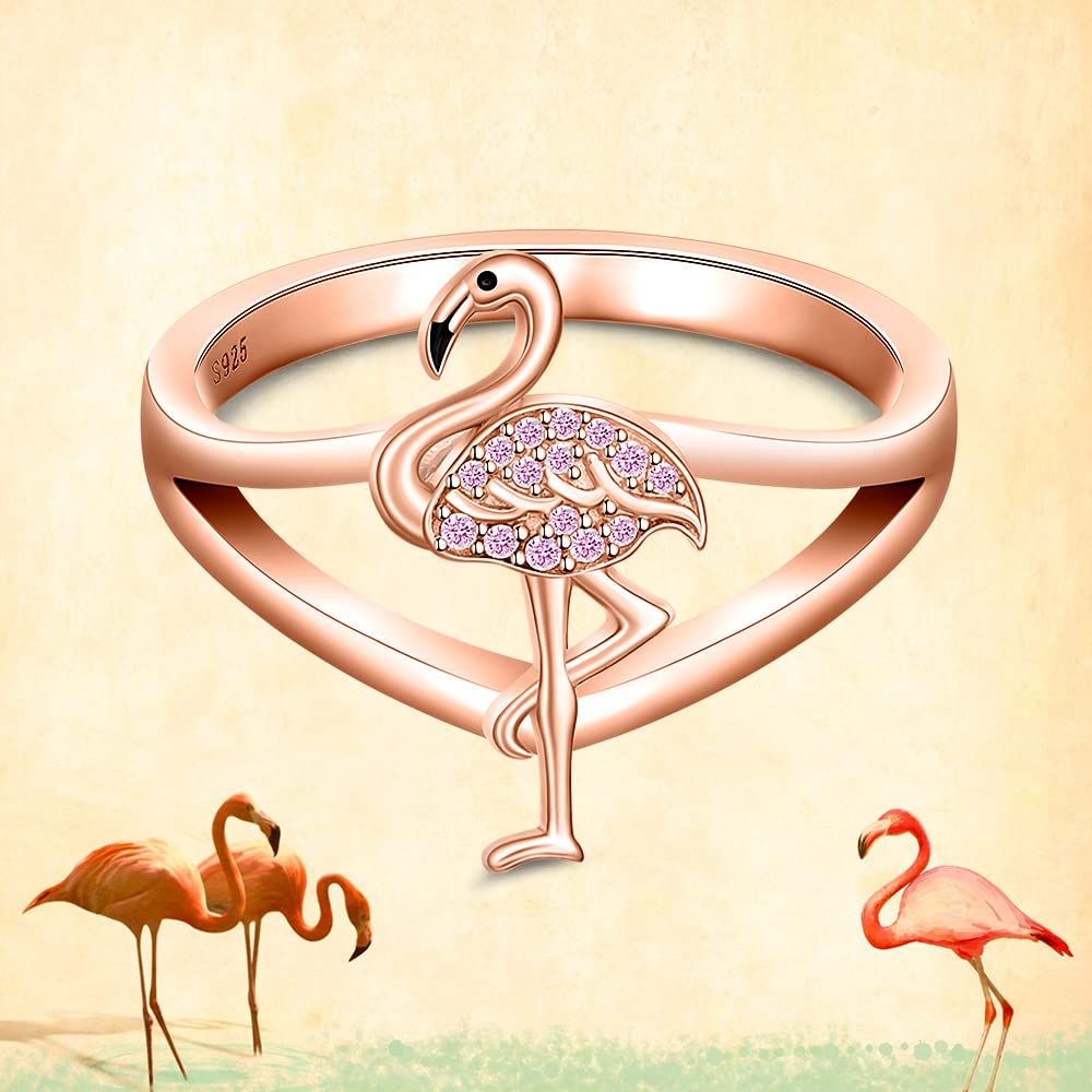 Flamingo Ring for Women Cute Bird Rose Gold Pink Flamingo Wedding Finger Rings Sterling Silver Jewelry Animal Statement Holiday Gifts Size 9