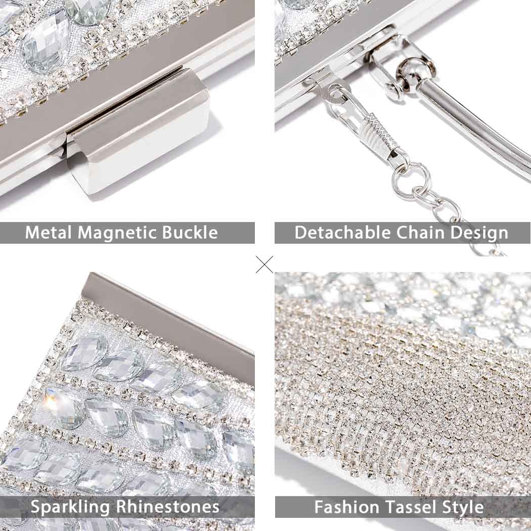 Yokawe Bling Crystals Clutch Purses for Women Rhinestone Tassel Evening Bag Wedding Party Prom Cocktail Handbags (Silver)