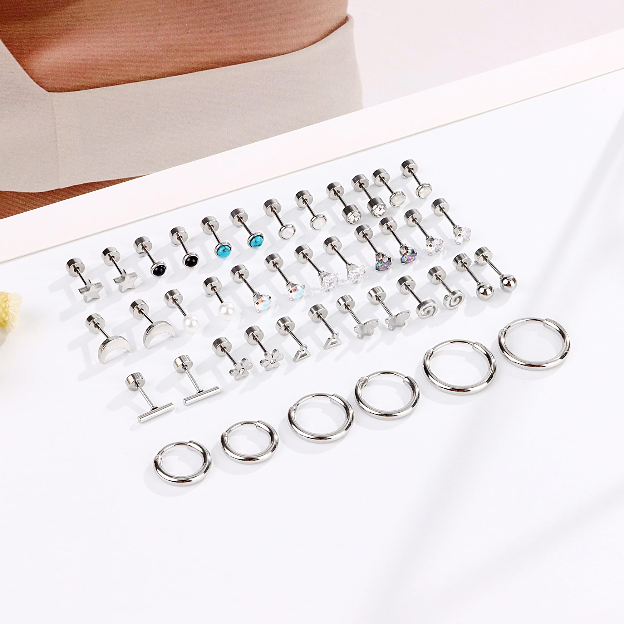 LOLIAS 21Pairs Surgical Steel Flat Back Earrings Hypoallergenic 20G Screw Back Nap Stack Cartilage Earring Stacks