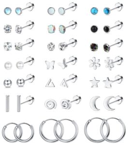 lolias 21pairs surgical steel flat back earrings hypoallergenic 20g screw back nap stack cartilage earring stacks