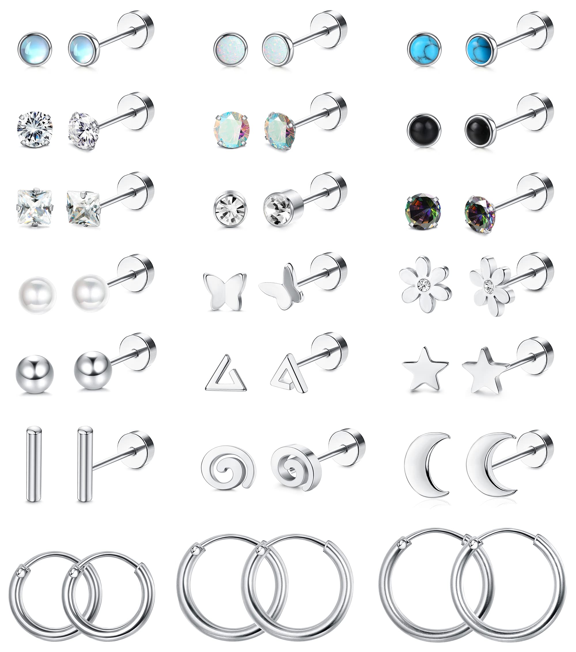 LOLIAS 21Pairs Surgical Steel Flat Back Earrings Hypoallergenic 20G Screw Back Nap Stack Cartilage Earring Stacks