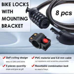 8 Pcs Bicycle Cable Locks High Security 4 Digit Bike Lock Cable with Mounting Bracket 4 Feet Resettable Coiling Bike Rack Lock Heavy Duty Anti Theft Cable Locks with Combination, 1/2 Inch Diameter