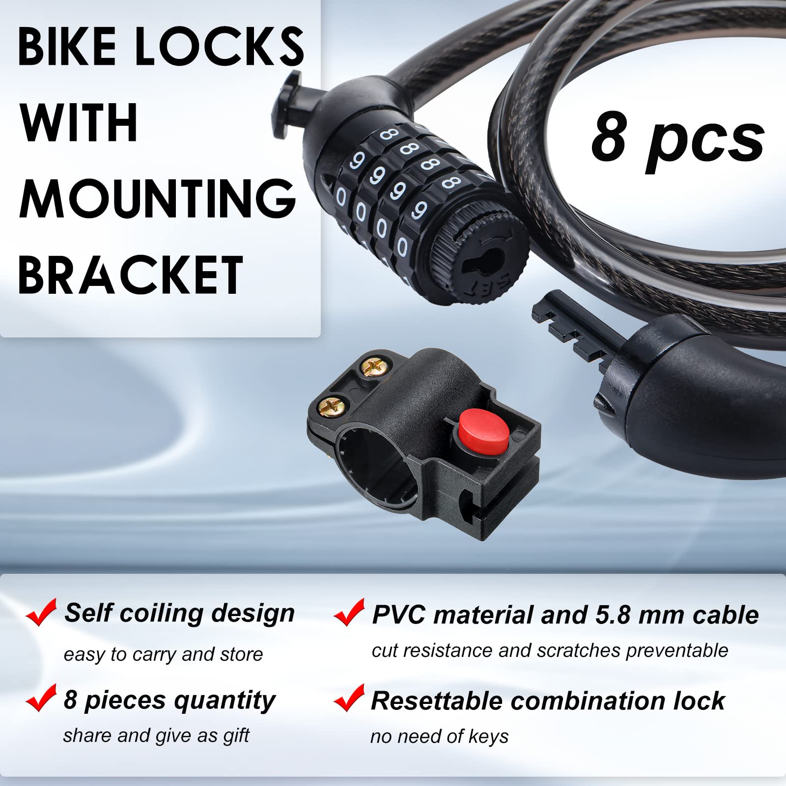 8 Pcs Bicycle Cable Locks High Security 4 Digit Bike Lock Cable with Mounting Bracket 4 Feet Resettable Coiling Bike Rack Lock Heavy Duty Anti Theft Cable Locks with Combination, 1/2 Inch Diameter