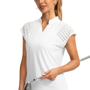 Soothfeel Women's Golf Shirt Cap Sleeve V Neck Polo Shirts Lightweight Quick Dry Workout Tennis Shirts Tops for Women(White, L)