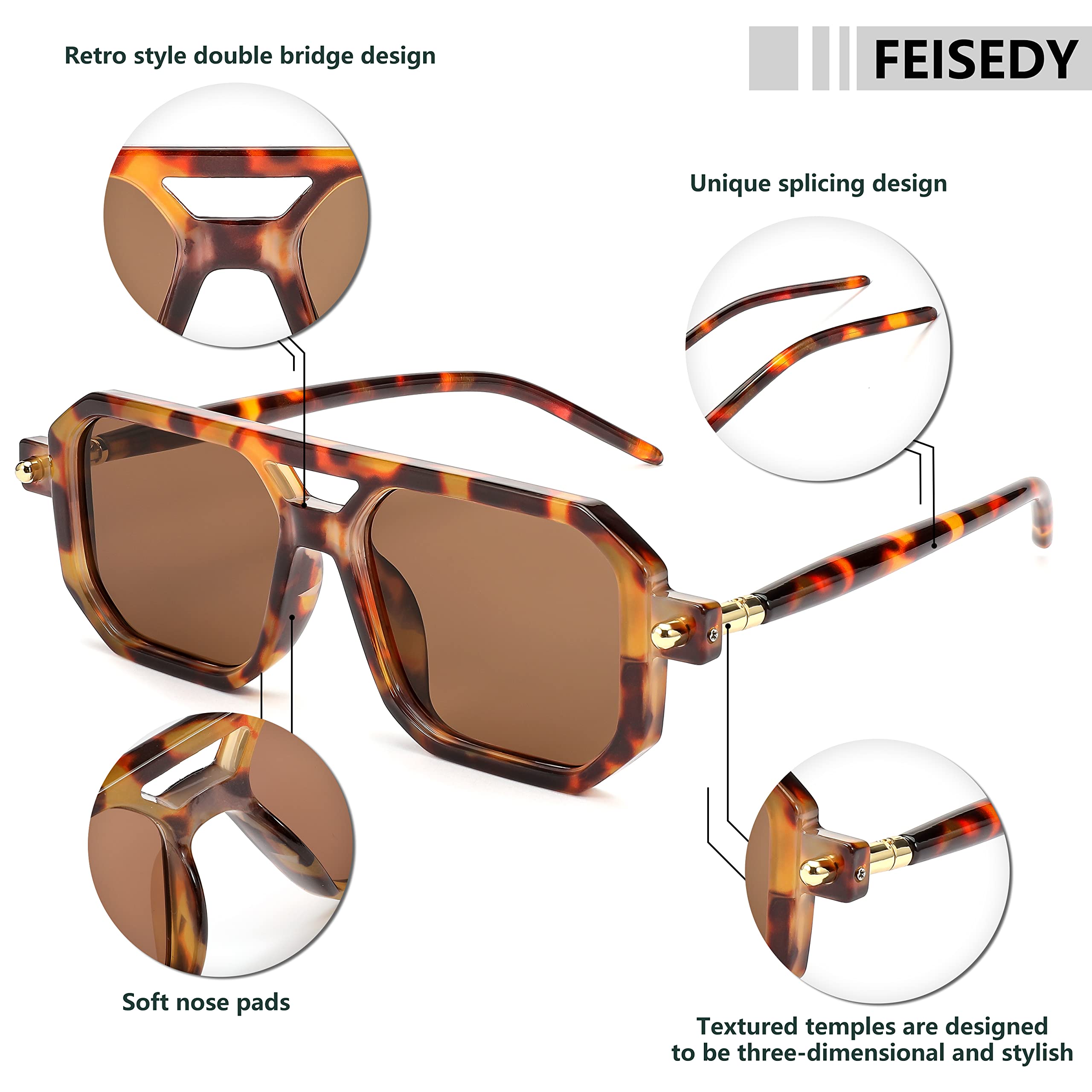 FEISEDY Vintage Square 70s Flat Aviator Sunglasses Women Men Classic Retro Stylish Frame UV400 Sunglasses B2622