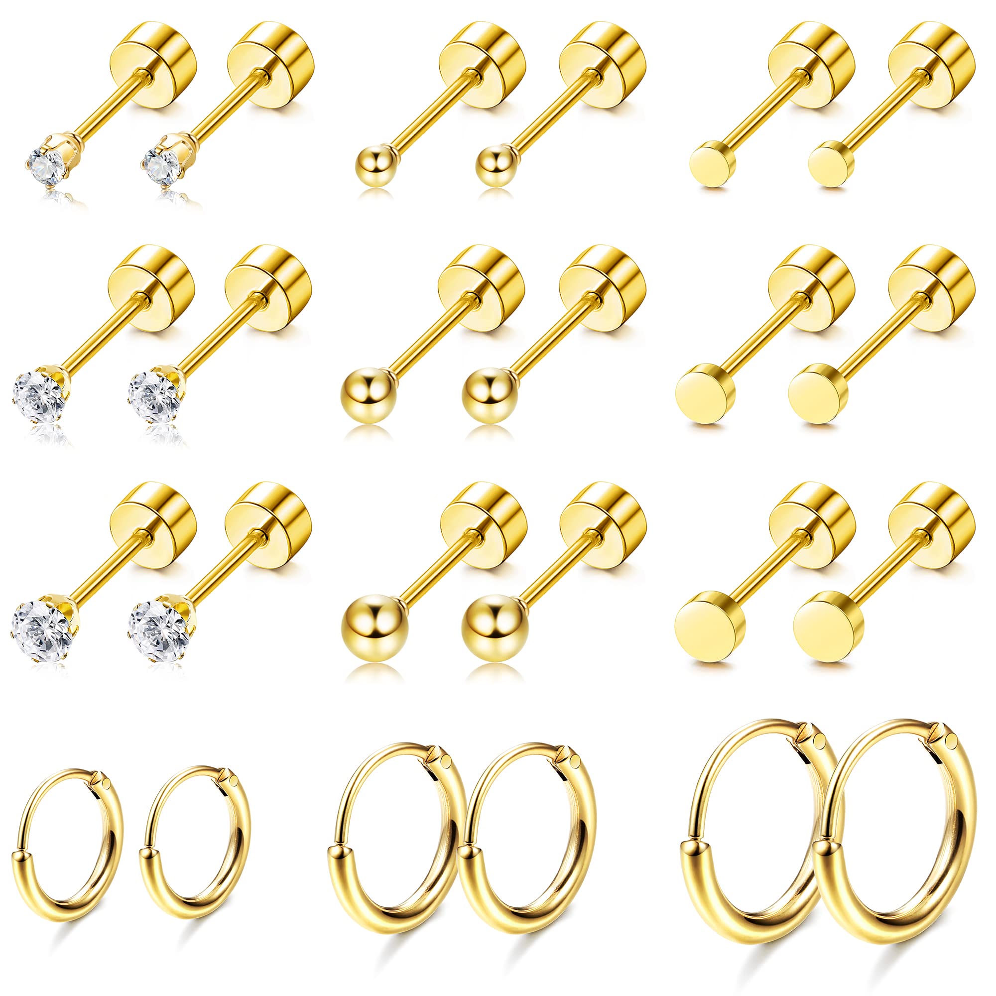 FASACCO Small Tiny Stud Flat Back Earring Hypoallergenic Gold Studs 14K Surgical Steel Earring Sets for Multiple Piercing Cartilage Hoop Earrings