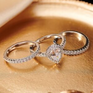 SweetJew Bridal Ring Sets For Women 3Ct 5A Cubic Zirconia Wedding Rings Teardrop Pear Cut Halo Size 8.5