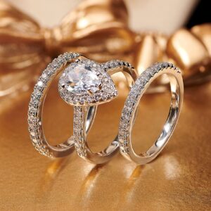 SweetJew Bridal Ring Sets For Women 3Ct 5A Cubic Zirconia Wedding Rings Teardrop Pear Cut Halo Size 8.5