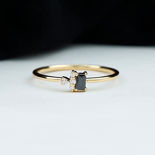 Black Spinel Minimal Ring for Women, AAA Quality, Dainty Promise Engagement Ring, 14K Yellow Gold, Size:US 6.50