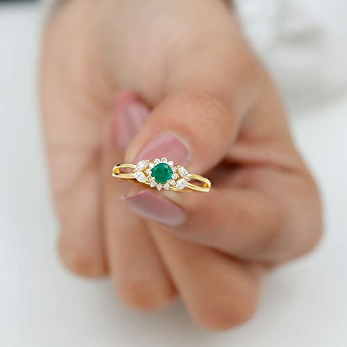 Rosec Jewels Natural Emerald Diamond Flower Ring for Women, AAA Quality, Certified Emerald Flower Engagement Ring, 14K Yellow Gold, Size:US 7.50