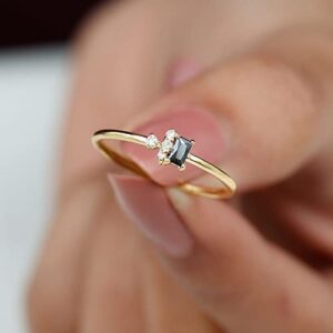 Black Spinel Minimal Ring for Women, AAA Quality, Dainty Promise Engagement Ring, 14K Yellow Gold, Size:US 6.50