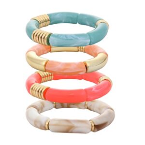 mythdone chunky bamboo tube bracelets colorful curved resin stretch bracelet gold stacking bangles acrylic beads stretchable friendship bracelets for women (4pcs style a)