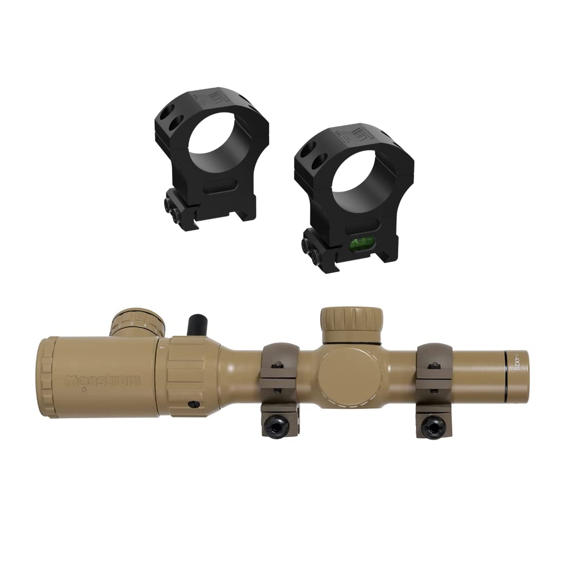 Monstrum 1-4x20 Rifle Scope | Flat Dark Earth | Monstrum Picatinny Scope Rings with Integrated Level Bubble | Bundle