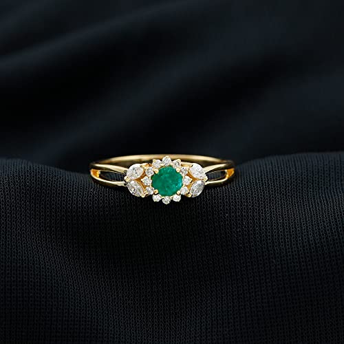 Rosec Jewels Natural Emerald Diamond Flower Ring for Women, AAA Quality, Certified Emerald Flower Engagement Ring, 14K Yellow Gold, Size:US 7.50